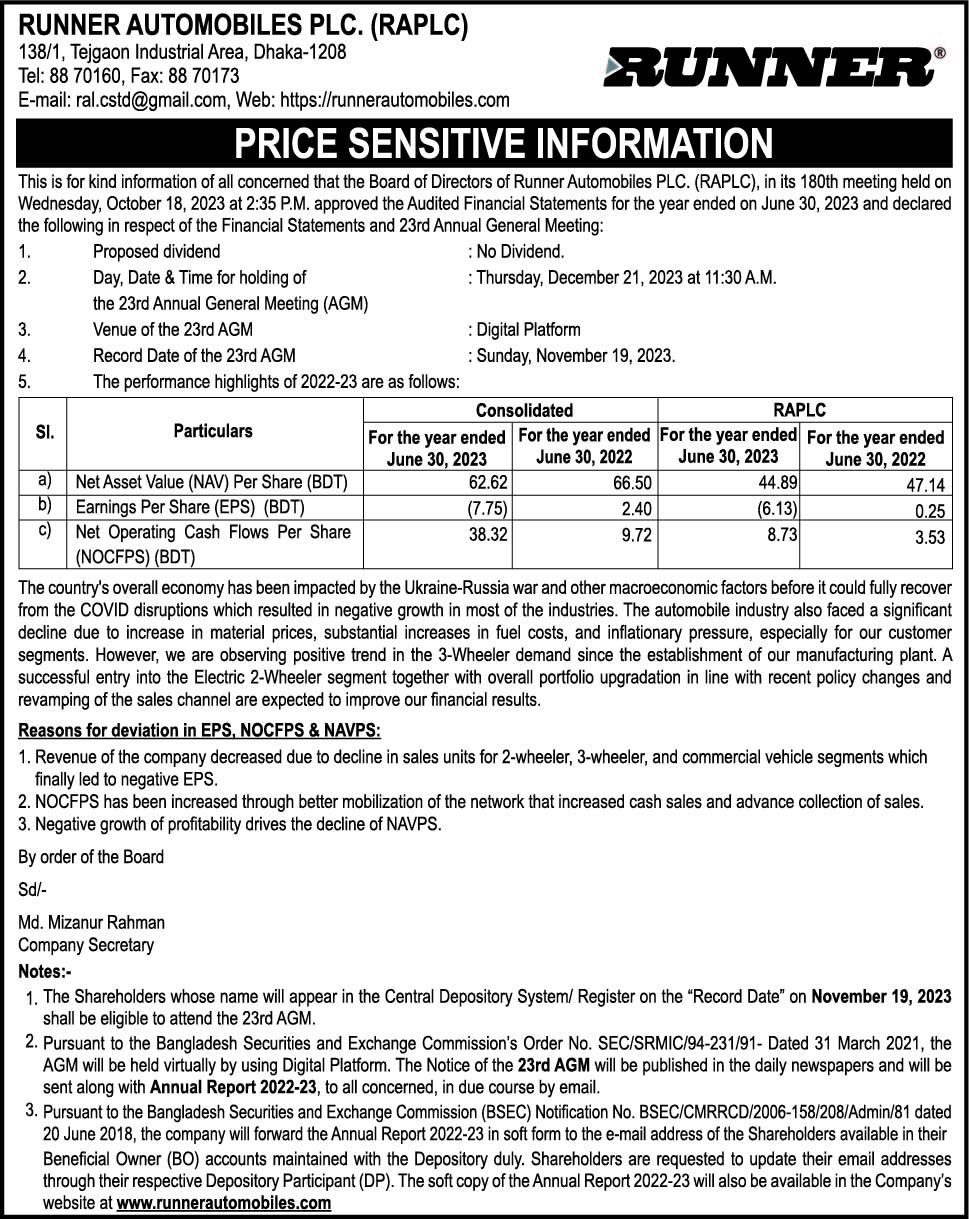 Runner Automobiles PLC. - Runner Automobiles PLC.